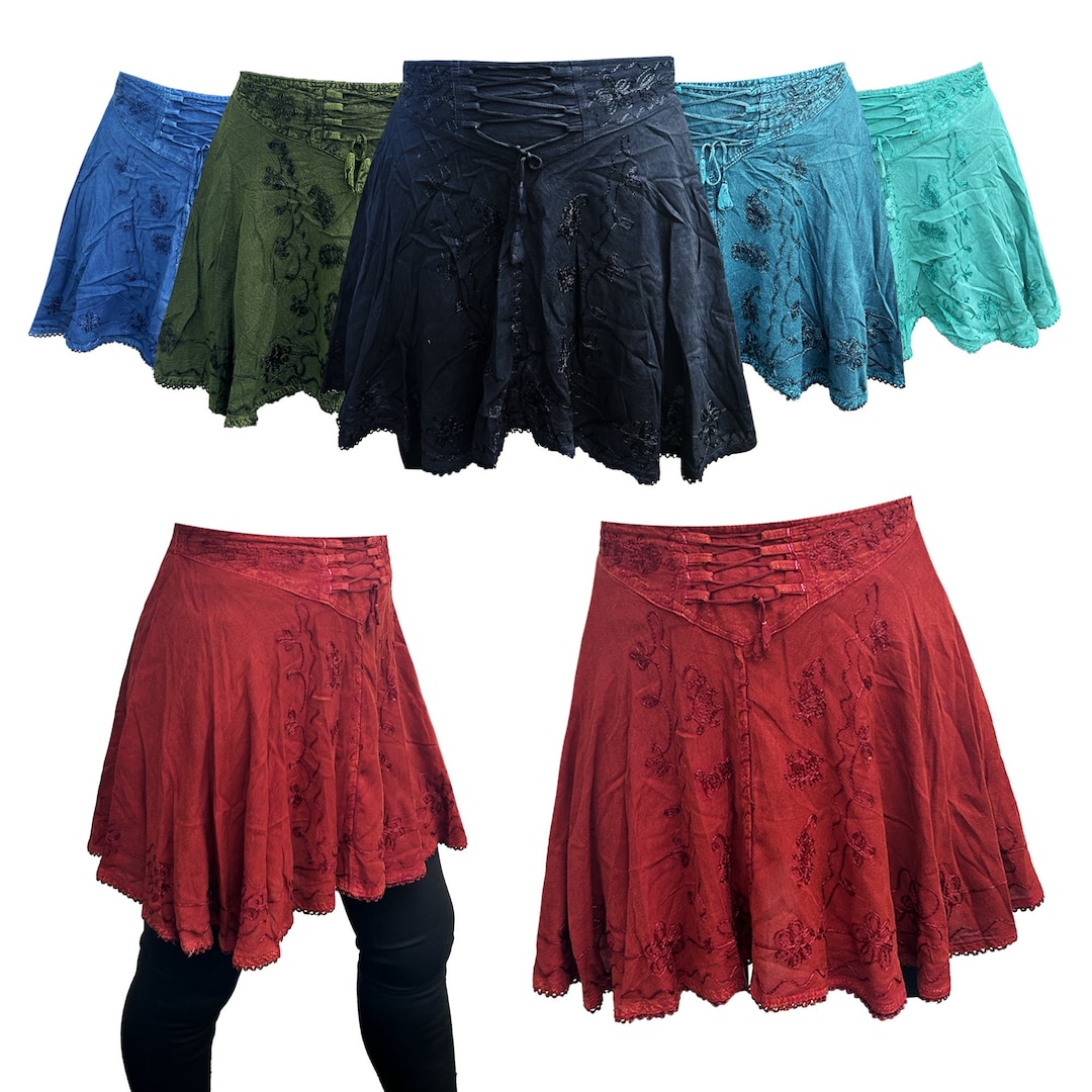 Boho Embroidered Rayon Skirt: Lace-up Waist, Fairycore Festival Style ...
