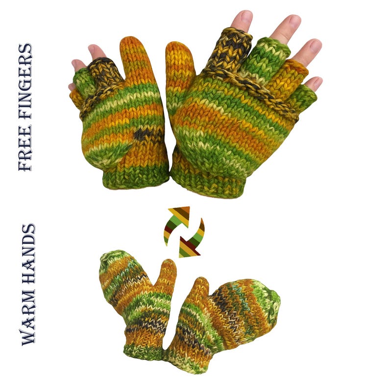 Colorful Knit Convertible Mittens Fingerless Flip Top Gloves Hand Wool ...
