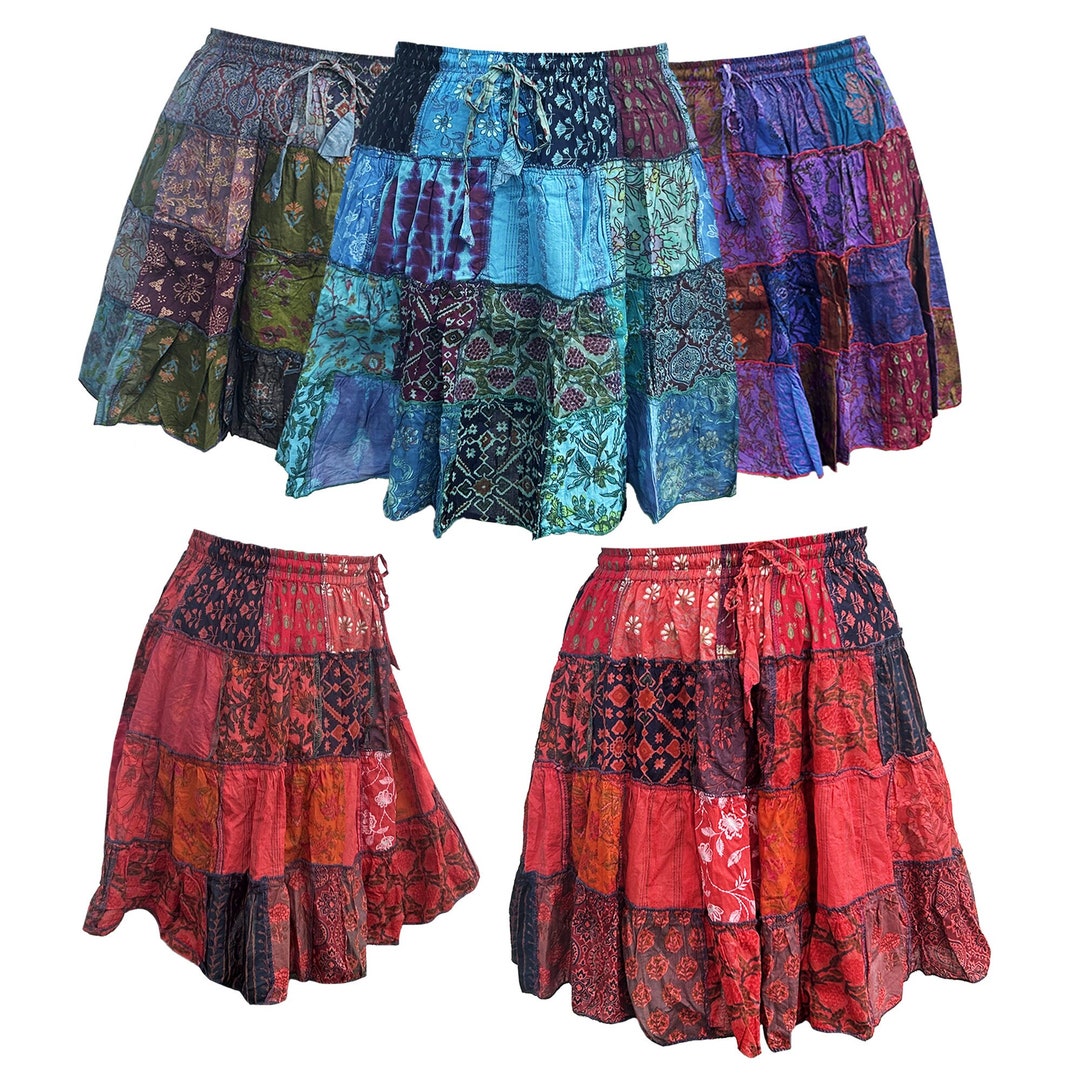 Handmade Patchwork Mini Skirt: Bohemian Hippie Cotton Elastic Waist - Etsy