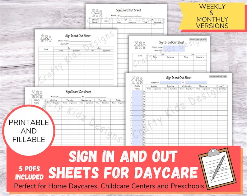Sign in and Out Sheets Perfect for Home Daycares, Childcare Centers and ...