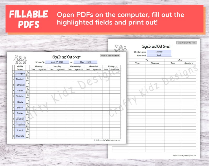 Sign in and Out Sheets Perfect for Home Daycares, Childcare Centers and ...