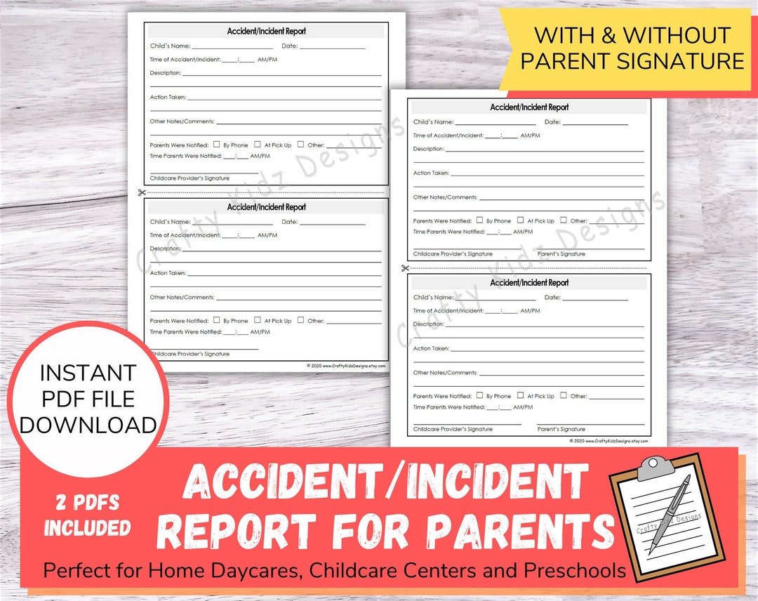 Accident Incident Report for Parents, Perfect for Home Daycares ...