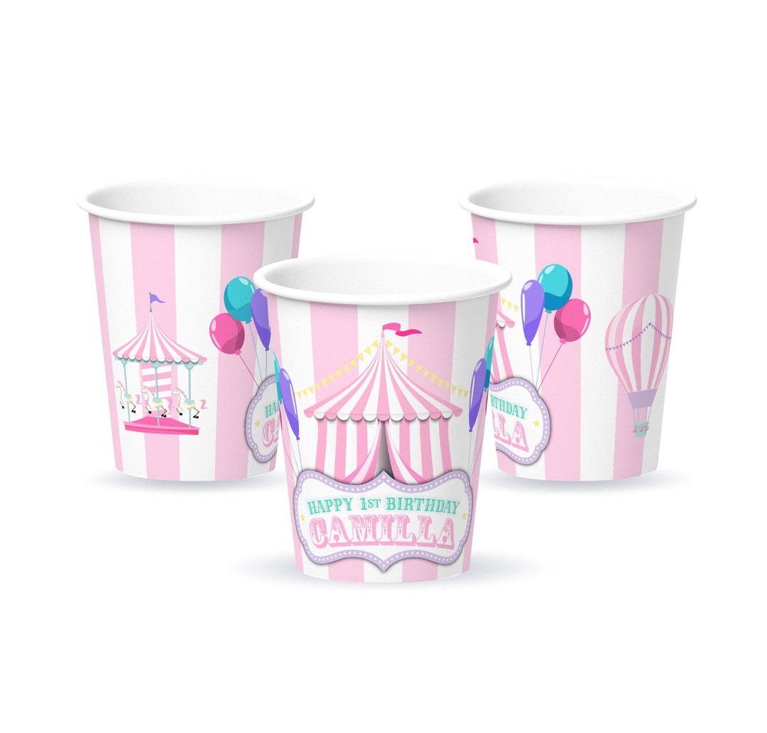 Carnival Circus Birthday Party, Pink Pastels, Personalized Party Cups ...