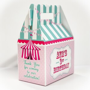 Circus Carnival Party Pink & Aqua, Personalized Gable Favor Boxes, Pack ...