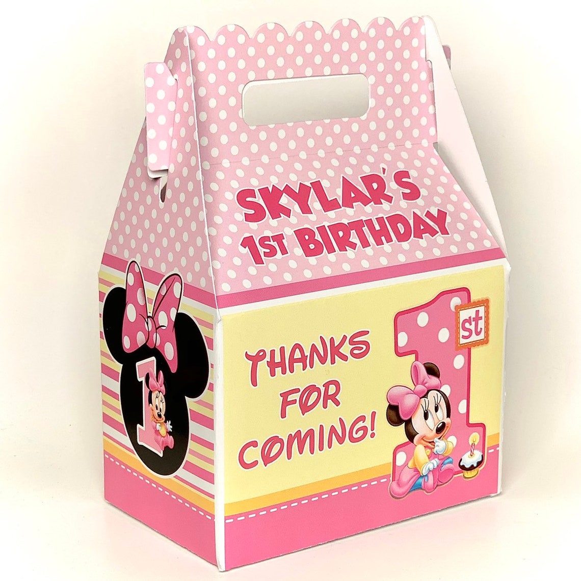 Minnie Mouse Baby First Birthday Party, Personalized Gable Favor Boxes ...