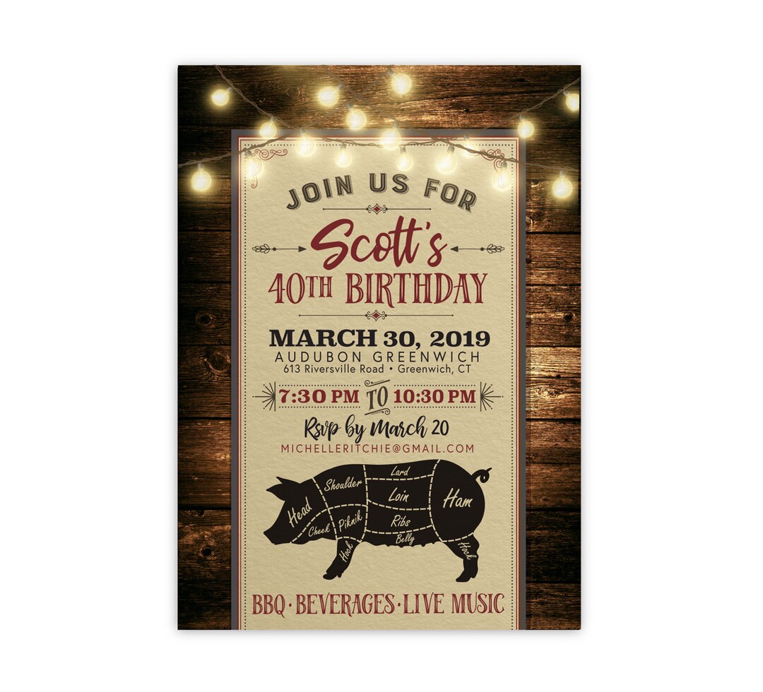 Rustic Chic Barnwood With Party Lights BBQ Pig Invitation, Set of 16 ...