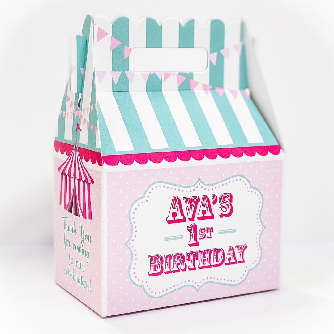 Circus Carnival Party Pink & Aqua, Personalized Gable Favor Boxes, Pack ...