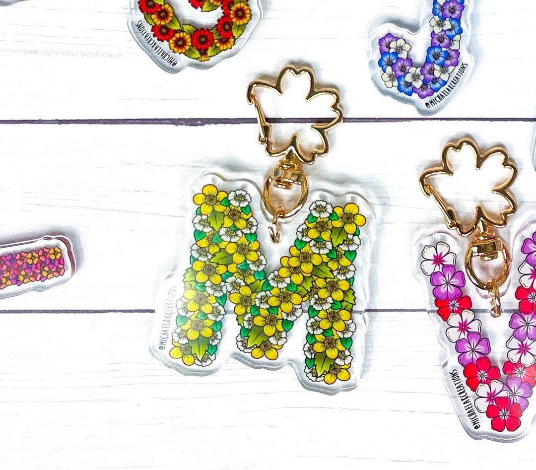 M Keychain M Letter Gift Letter Keychain Acrylic Keychain Floral ...