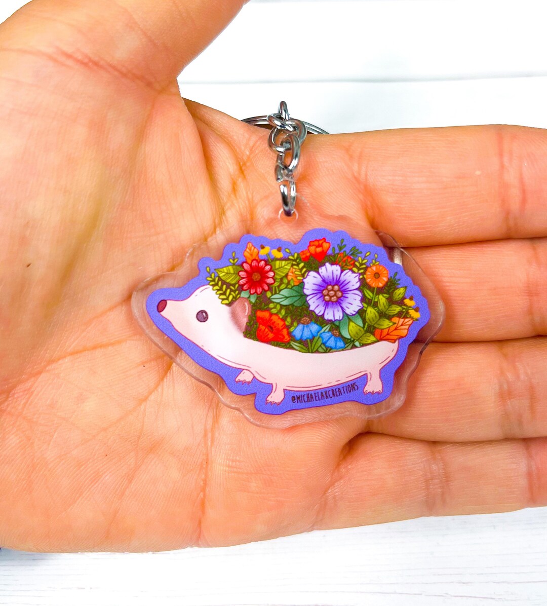 Hedgehog Keychain | Acrylic Keychain | Floral Keychain | Keychain ...