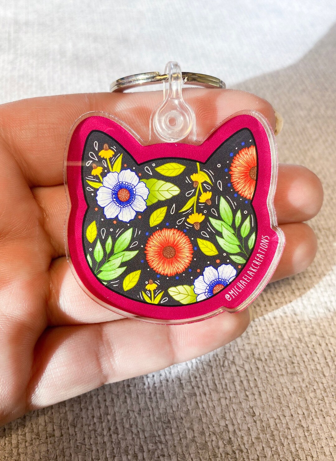 Cat Keychain Cat Gift cat Mom Acrylic Keychain Floral Keychain Keychain ...