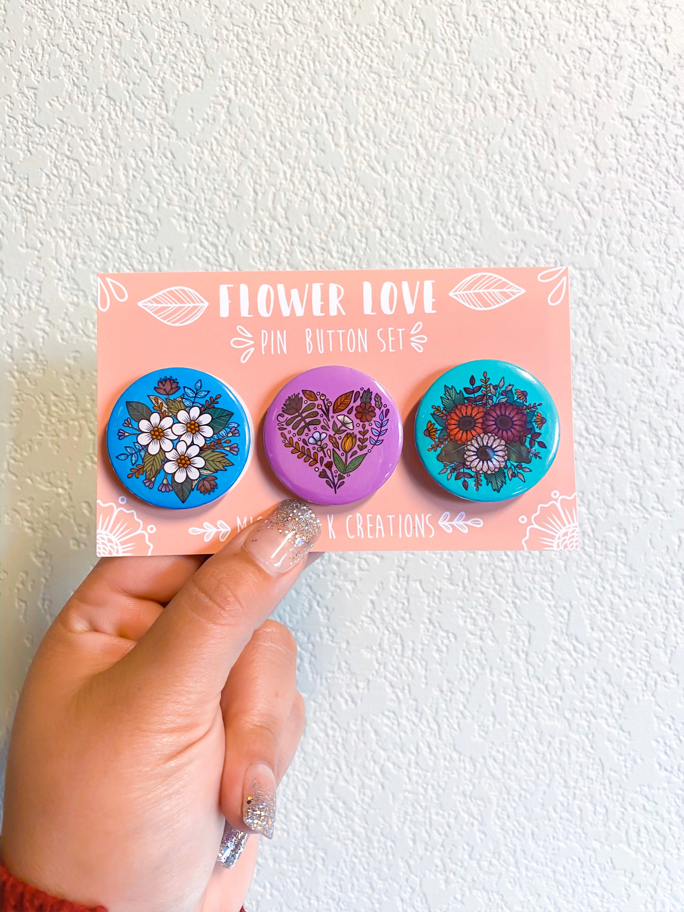 Flower Love Button Set | Flower Buttons | Flower Pins | Button Pins ...