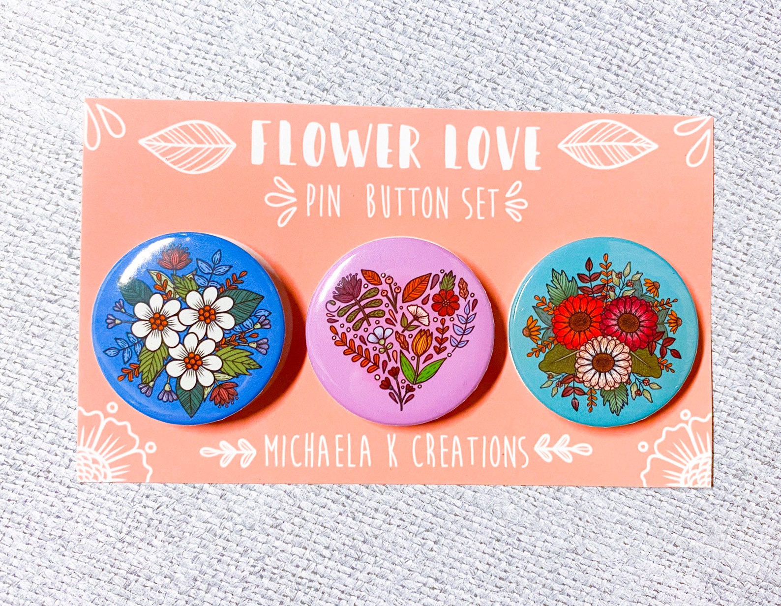 Flower Love Button Set | Flower Buttons | Flower Pins | Button Pins ...