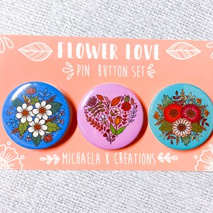 Flower Love Button Set | Flower Buttons | Flower Pins | Button Pins ...