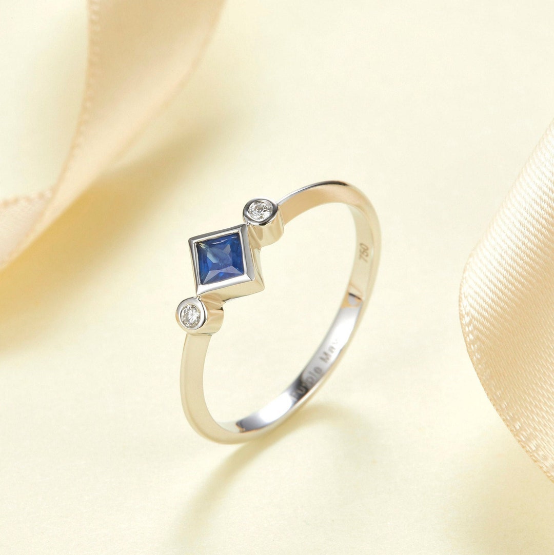 14k 18k White Gold Sapphire Diamond Ring, Dainty Gold Ring, Stacking Wedding Band, Custom ...