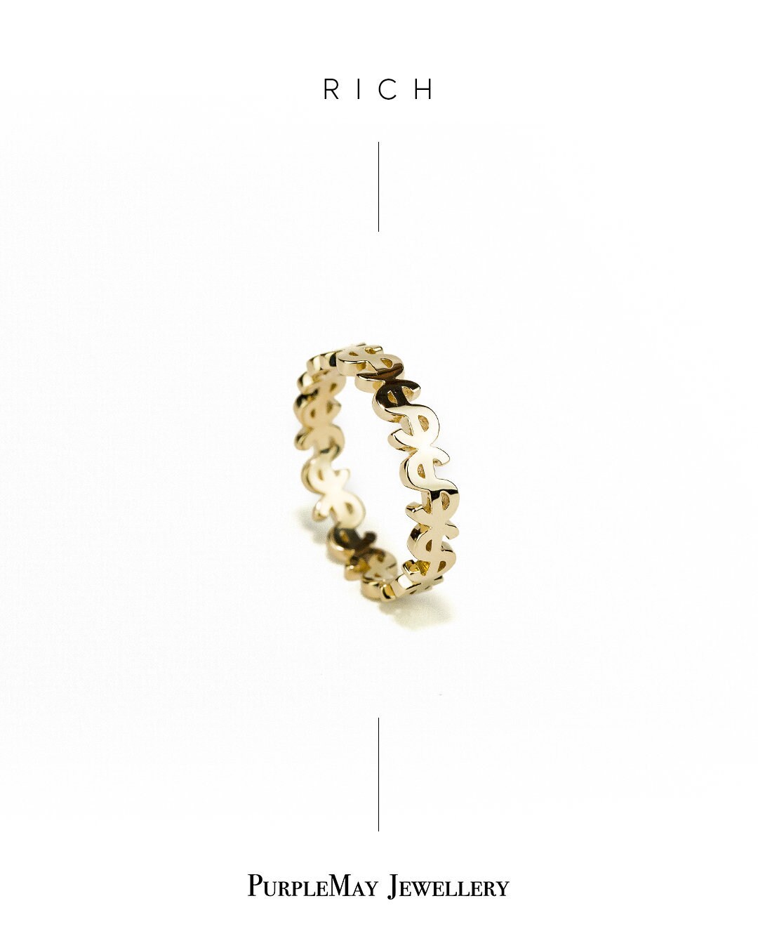 14k Gold Dollar Sign Ring, Custom Money Symbol Band, Gold Stackable ...