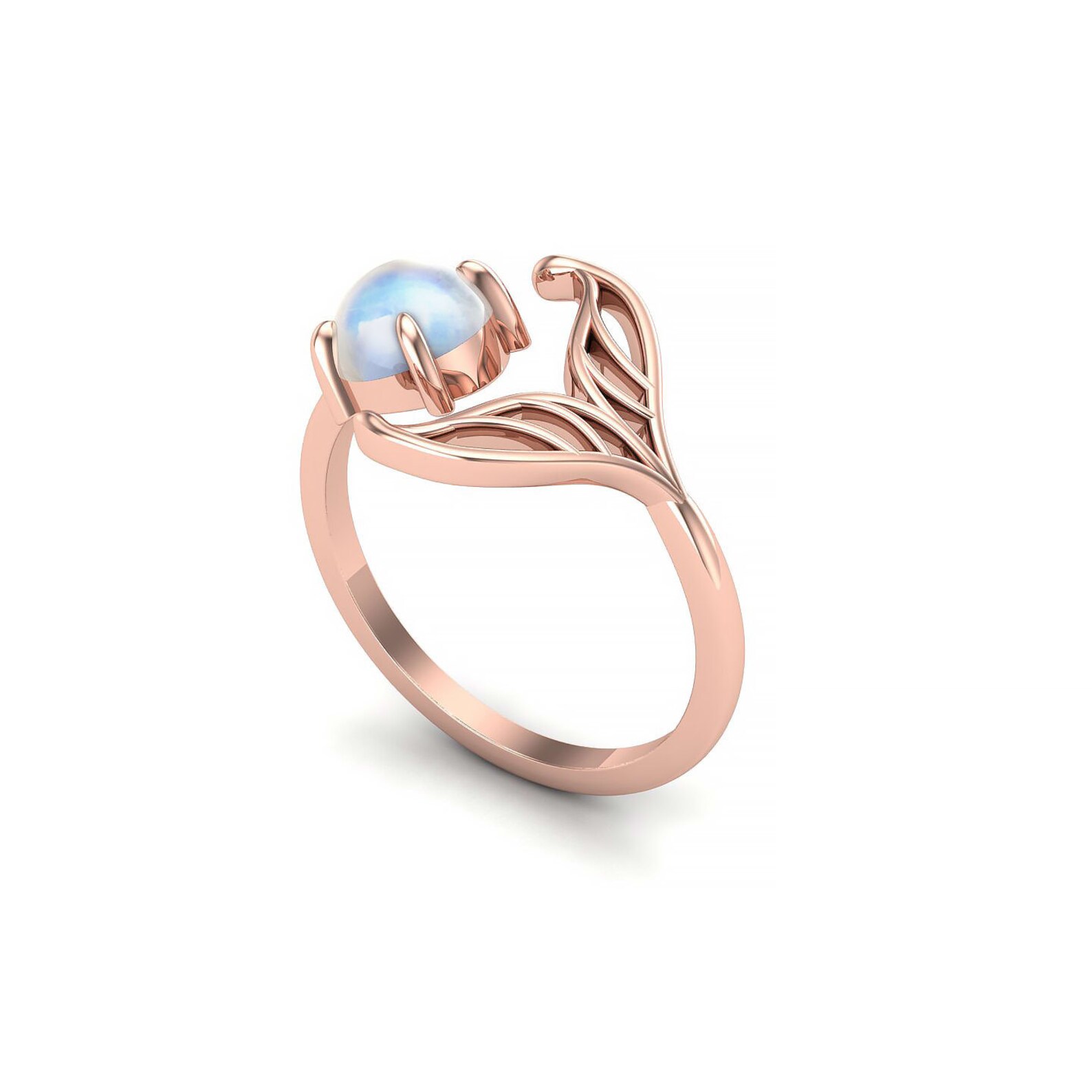 Moonstone Gold Ring - Whale Tail Ring, Open Gold Ring, Solid Gold Ring ...