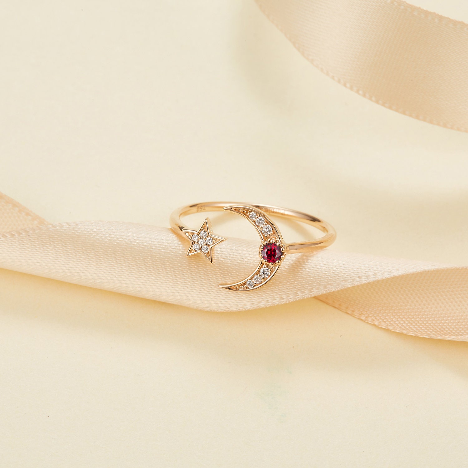 18K 14K Solid Gold Crescent Moon and Star Natural Ruby Ring - Etsy