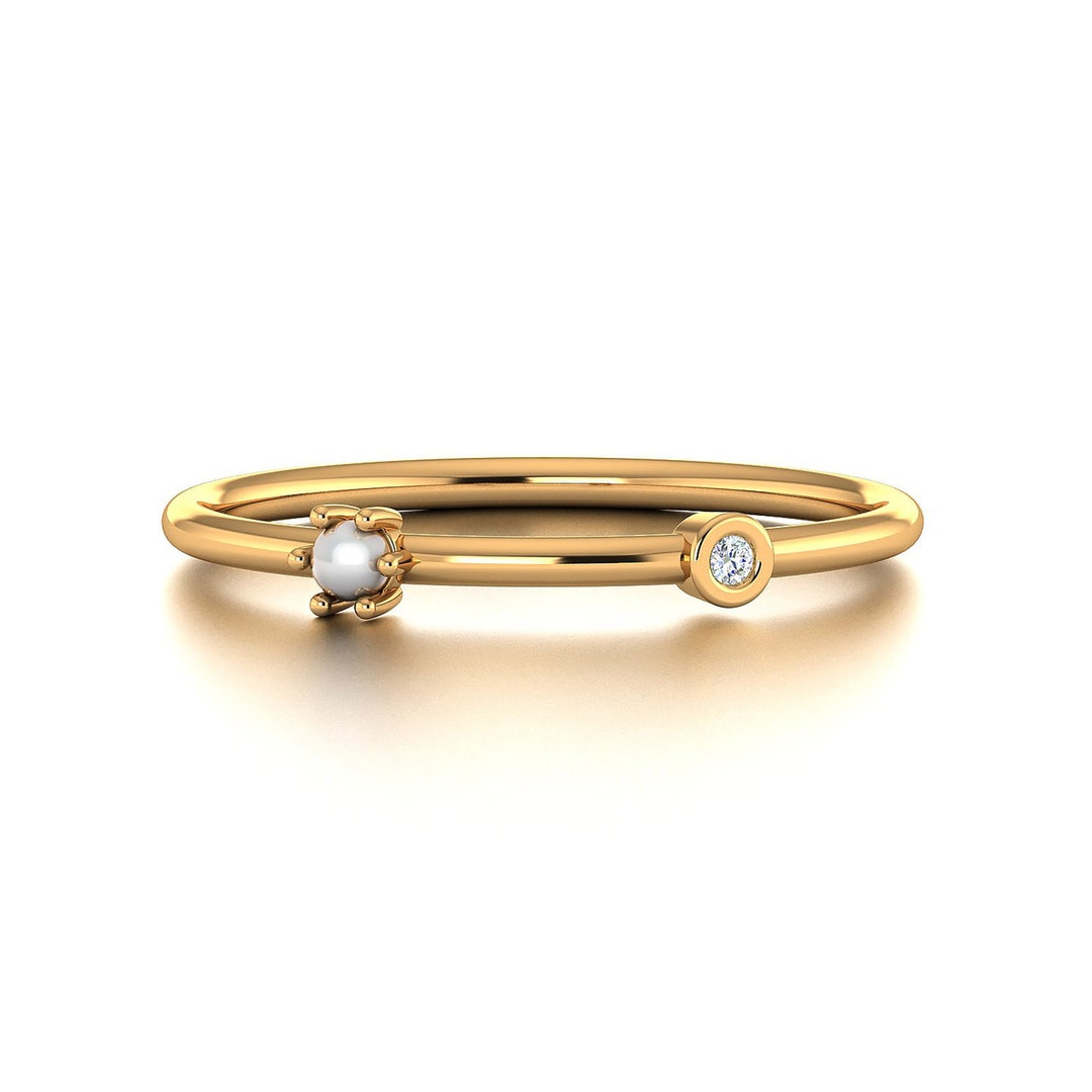 14k 18k Solid Gold, Pearl Diamond Thin Ring, Gold Jewelry, Stackable Stacking Ring, Wedding Ring ...