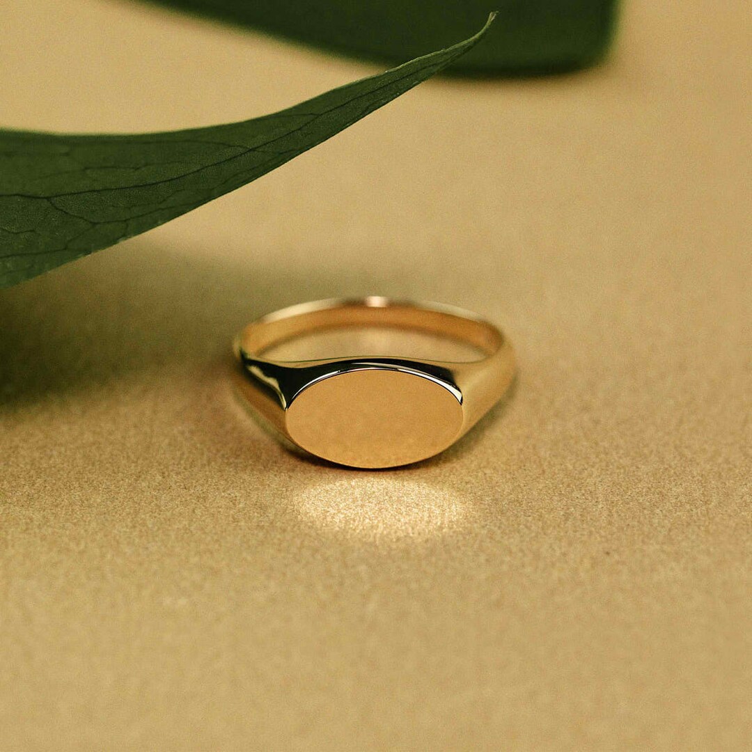 14k Solid Gold Ring - Gold Oval Signet Ring, Engraved Name Ring, Custom Initial Ring ...
