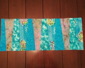 Quilted Table Runner Floral Table Topper Batik Runner Modern Table Runner Blue Table Runner ...