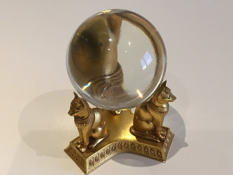Egyptian Cat Stand With Crystal Ball Gold, Franklin Mint, Jeane Dixon ...