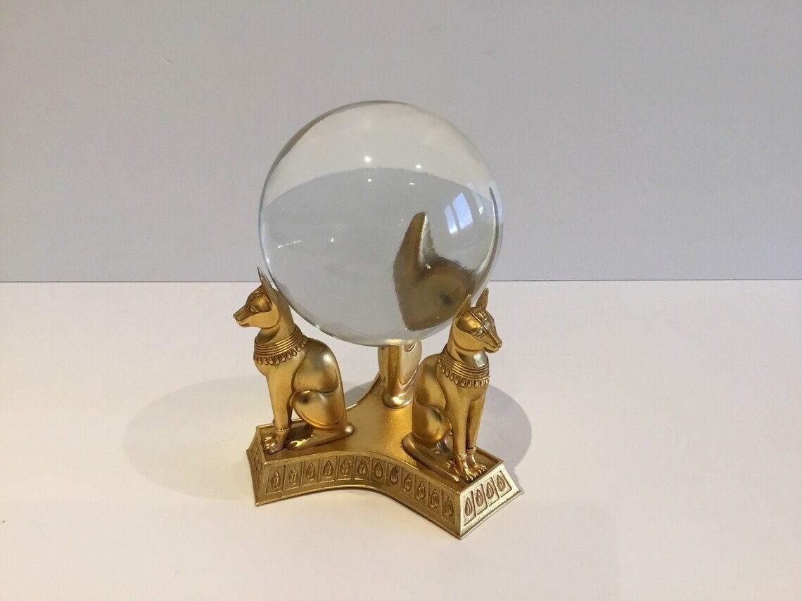 Egyptian Cat Stand With Crystal Ball Gold, Franklin Mint, Jeane Dixon ...