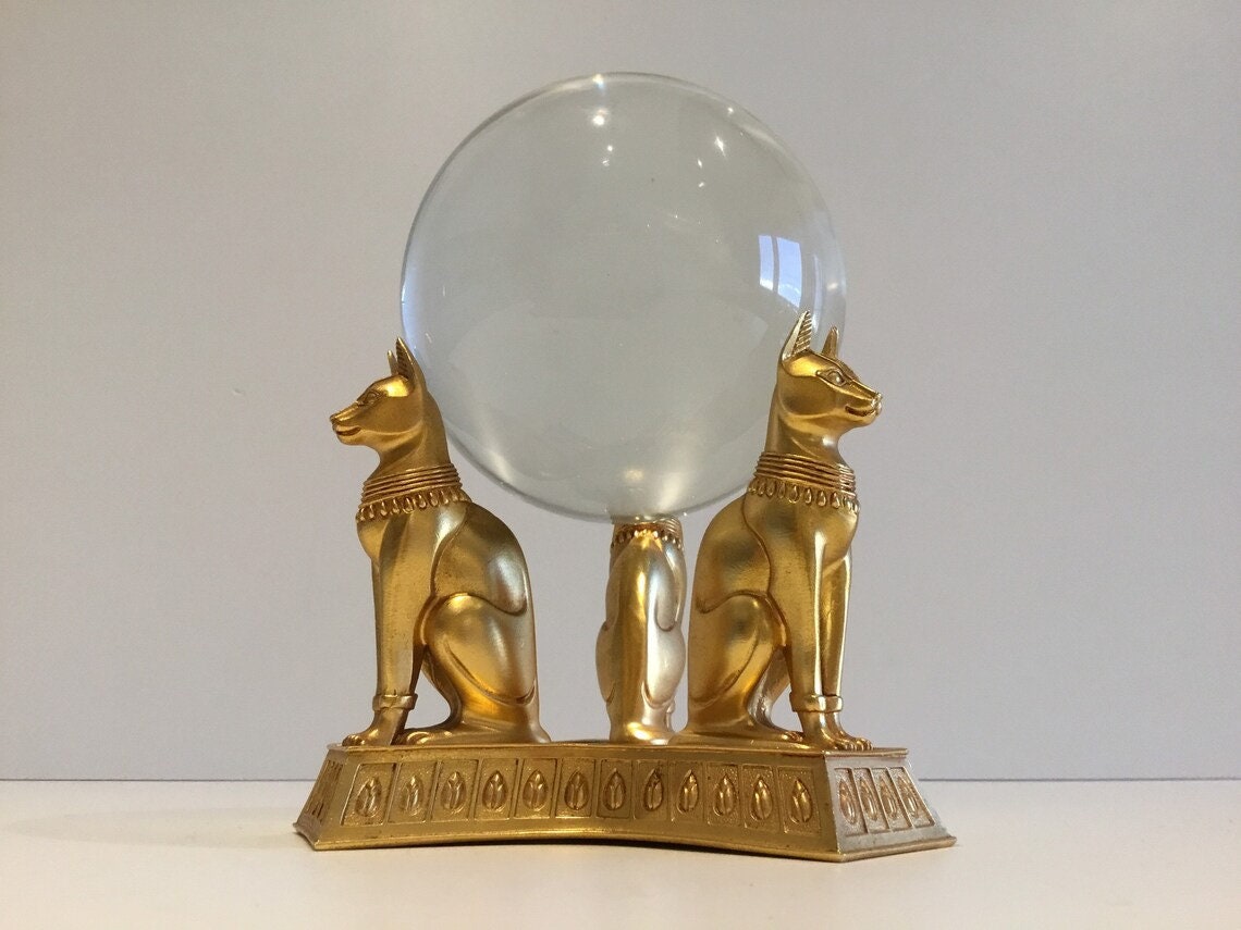 Egyptian Cat Stand With Crystal Ball Gold, Franklin Mint, Jeane Dixon ...