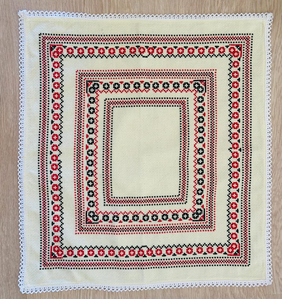 Vintage 1980s Cross Stitch Tablecloth: Handmade Embroidered Lace Edging ...