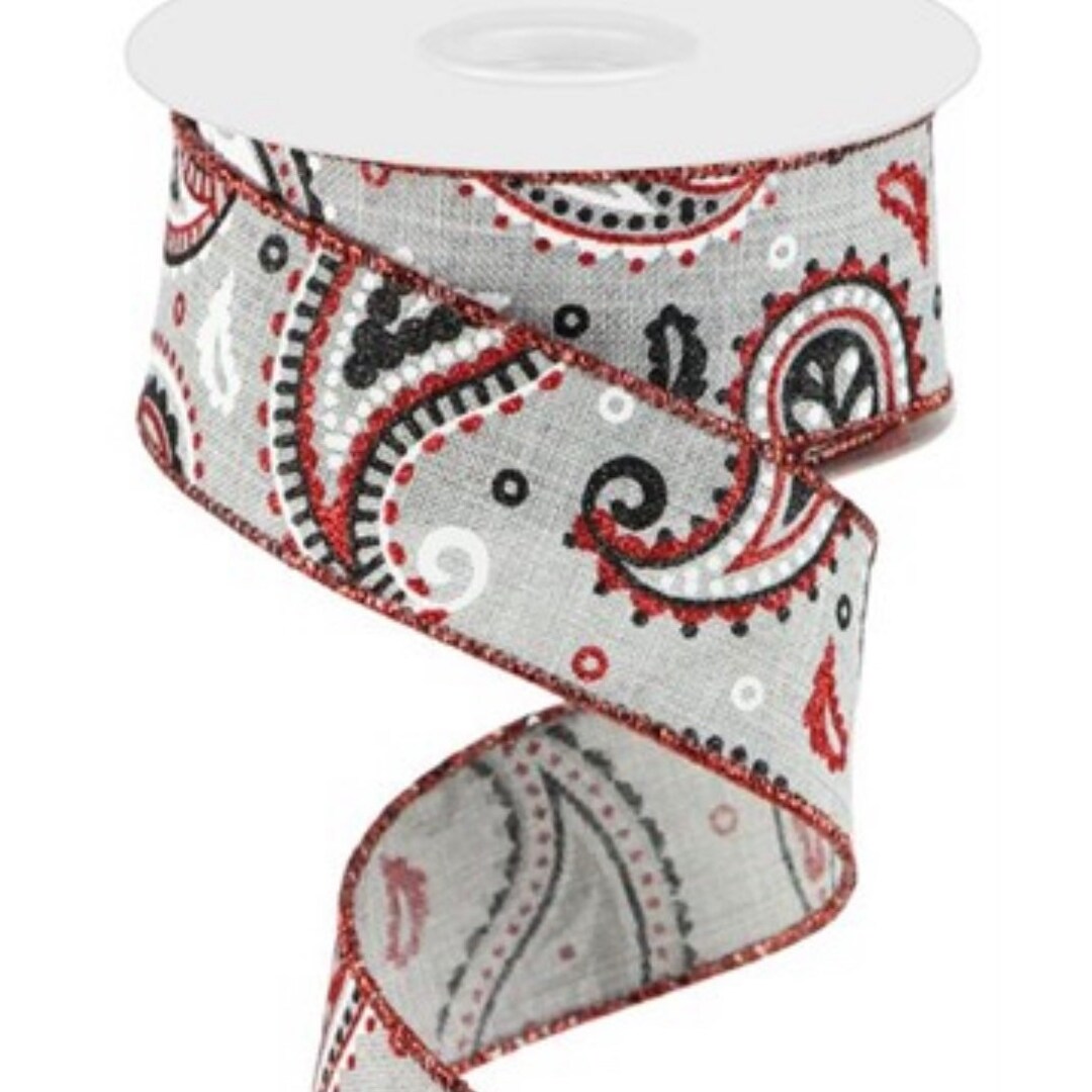 Paisley Ribbon, Ribbon for Wreaths, Wired Ribbon, Grey Red and White ...