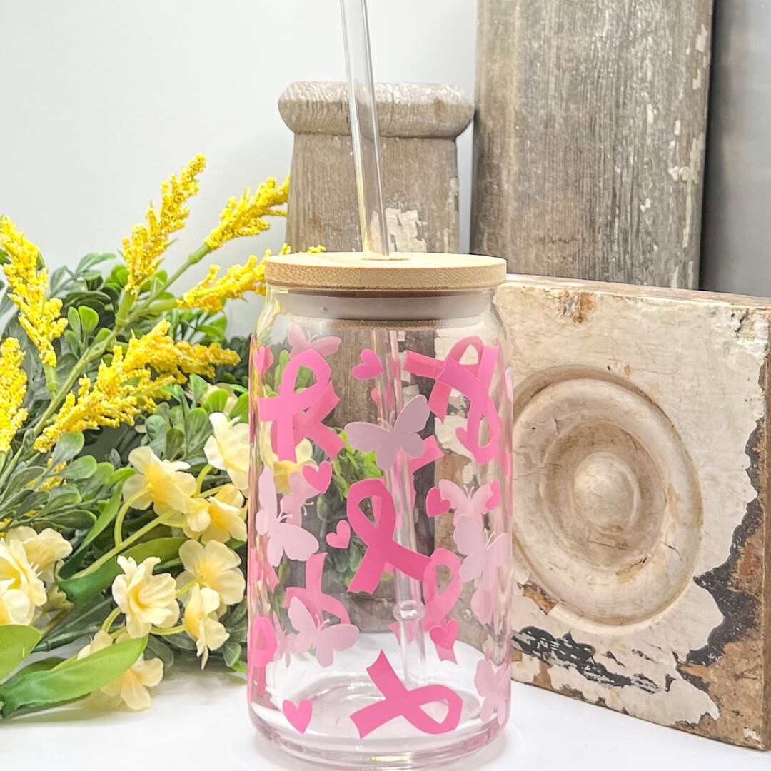 Breast Cancer Awareness Tumbler, Glass Can Cup, Iced Coffee Cup, Pink ...