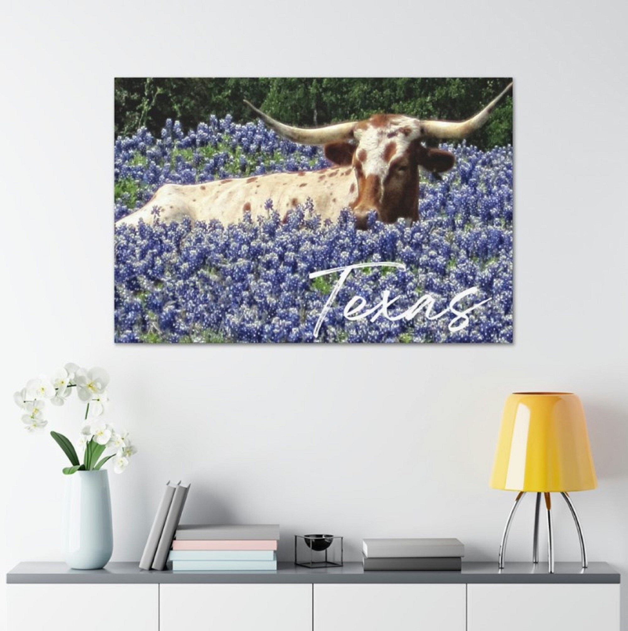 Texas Longhorn Bluebells Nature Flowers Pasture Farmhouse Farm Decor ...
