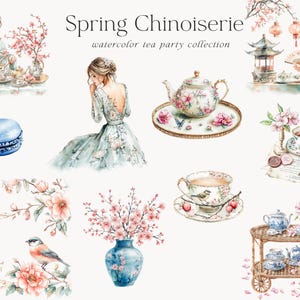 Watercolor Chinoiserie Tea Party Clipart - Chinoiserie Clipart ...