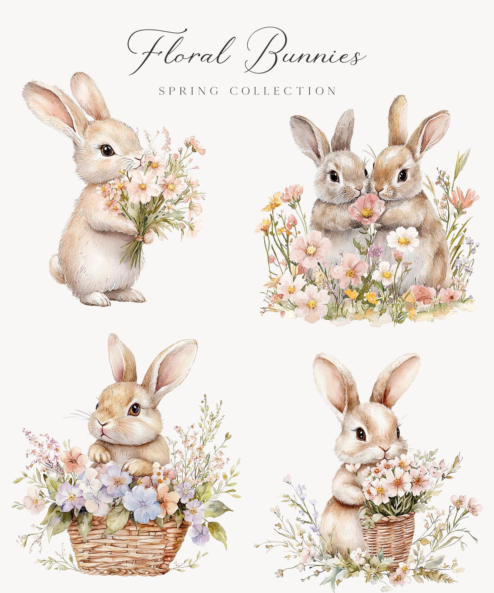 Watercolor Floral Bunnies Clipart - Nursery Spring Clipart - Spring ...