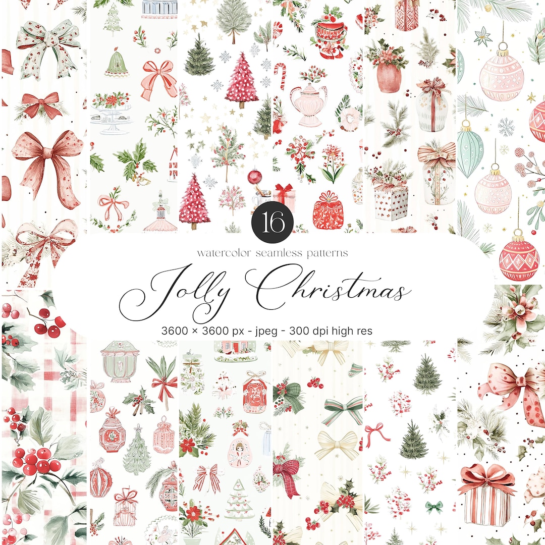 Watercolor Christmas Seamless Patterns, Christmas Coquette Patterns ...