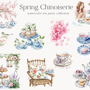 Watercolor Chinoiserie Tea Party Clipart - Chinoiserie Clipart ...