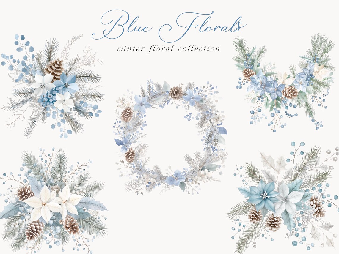 Watercolor Blue Winter Floral Arrangement Clipart, Blue Floral Clipart ...