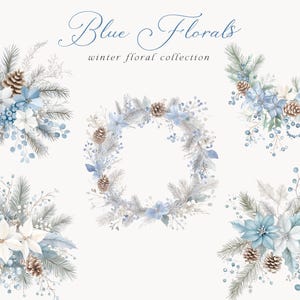 Watercolor Blue Winter Floral Arrangement Clipart, Blue Floral Clipart ...