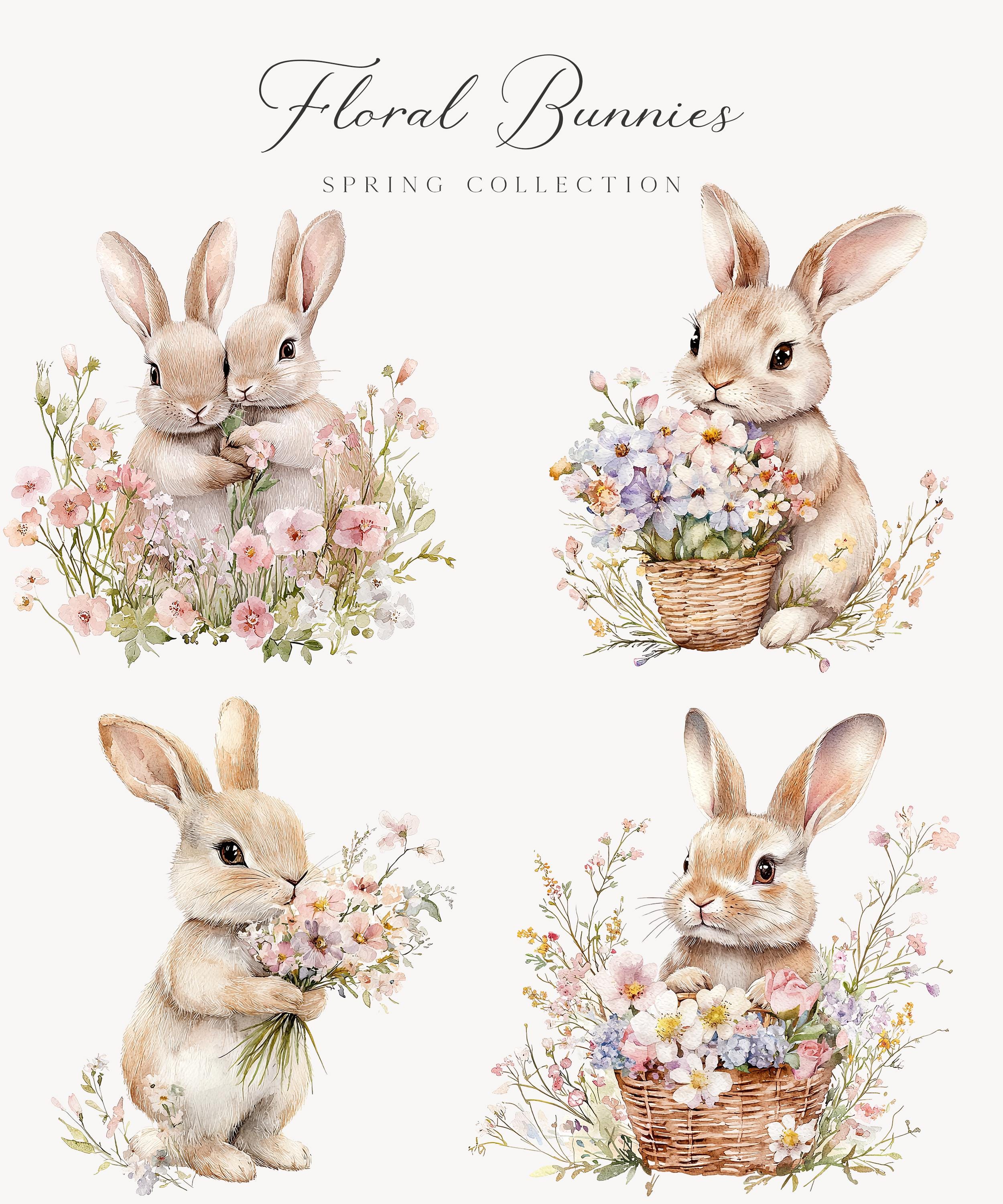 Watercolor Floral Bunnies Clipart - Nursery Spring Clipart - Spring ...