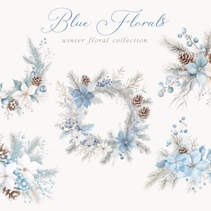 Watercolor Blue Winter Floral Arrangement Clipart, Blue Floral Clipart ...