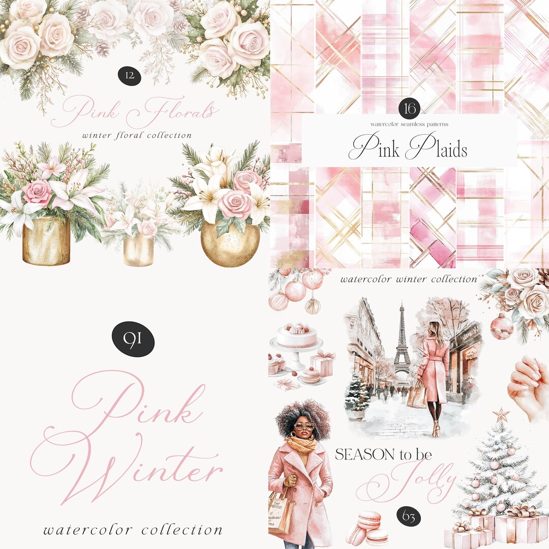 Watercolor Pink Winter Clipart - Winter Bundle - Christmas Bundle ...