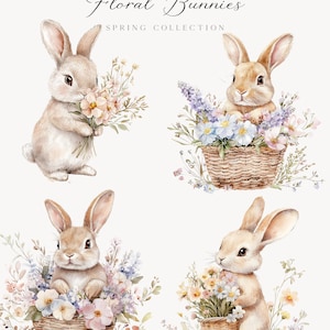 Watercolor Floral Bunnies Clipart - Nursery Spring Clipart - Spring ...