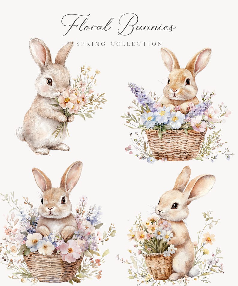 Watercolor Floral Bunnies Clipart - Nursery Spring Clipart - Spring ...
