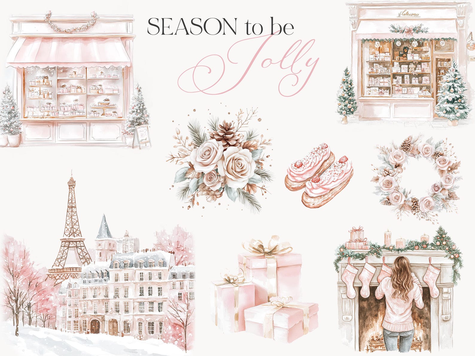 Watercolor Soft Pink Christmas Clipart Collection - Winter in Paris ...