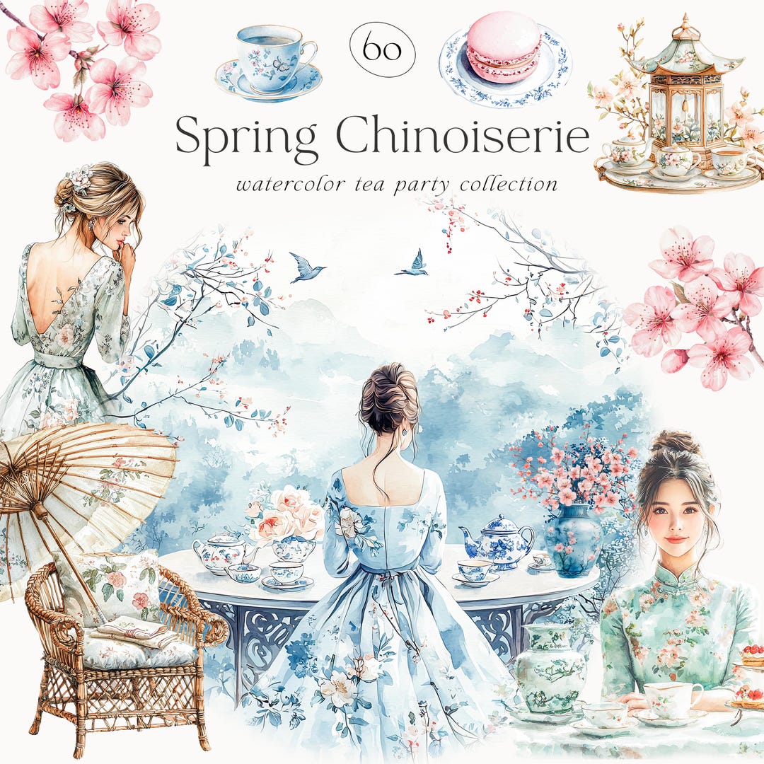 Watercolor Chinoiserie Tea Party Clipart - Chinoiserie Clipart ...