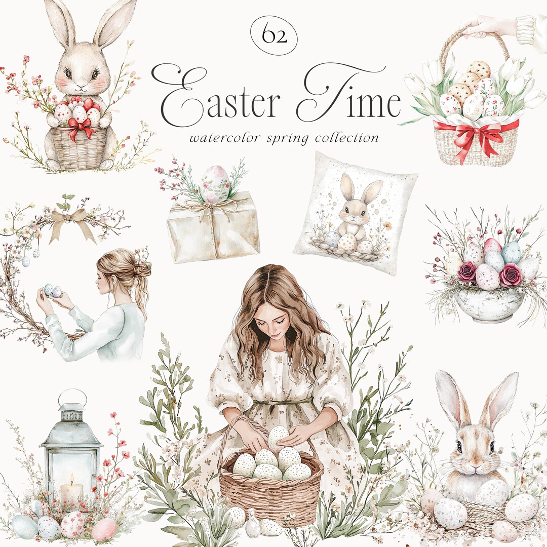 Watercolor Easter Clipart - Bunnies Clipart - Watercolor Spring Clipart ...