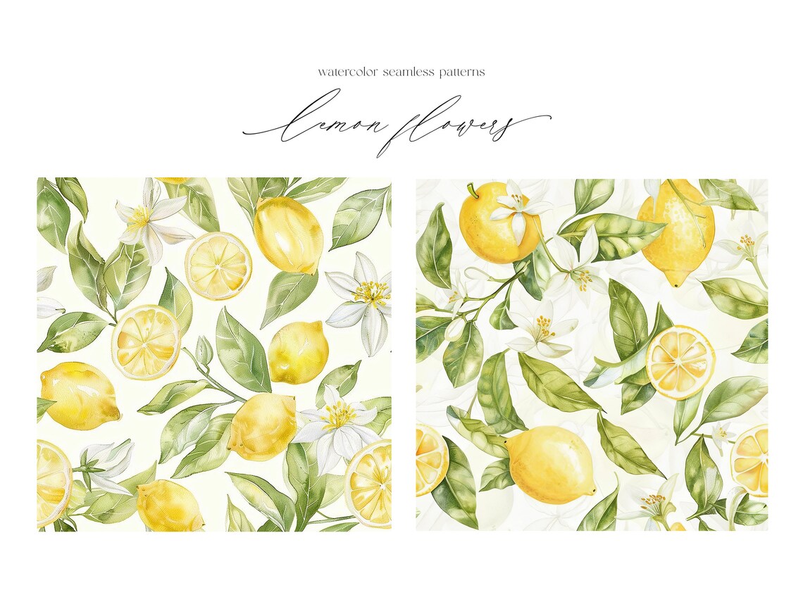 Watercolor Lemons Seamless Patterns - Seamless Lemon Floral Patterns ...