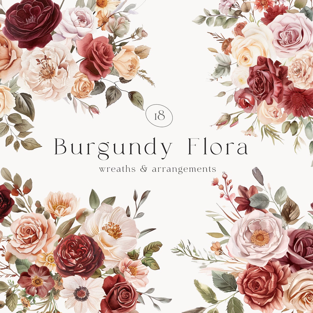 Watercolor Burgundy Floral Clipart - Burgundy Flowers - Burgundy ...