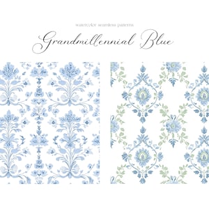 Watercolor Grandmillennial Blue Seamless Patterns - Repeated Patterns ...