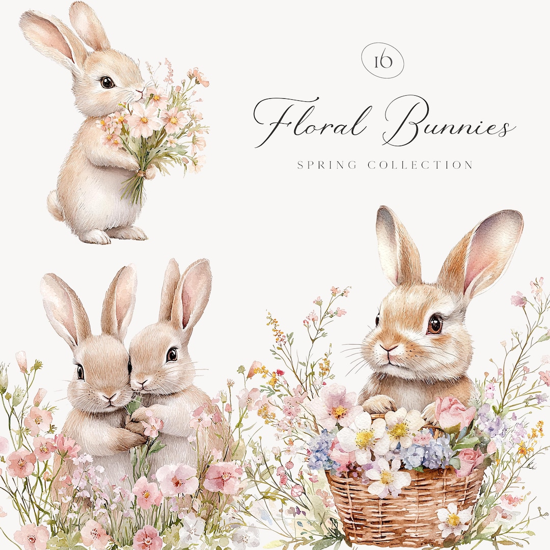 Watercolor Floral Bunnies Clipart - Nursery Spring Clipart - Spring ...