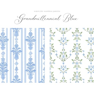 Watercolor Grandmillennial Blue Seamless Patterns - Repeated Patterns ...